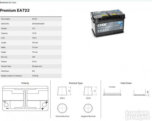 Akumulator za automobil EXIDE Premium 72Ah 720A D+ EA722 - KupujemProdajem