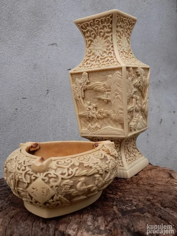 Stara Kina cinnober set vaza i pepeljara rezbarija rucni rad ...