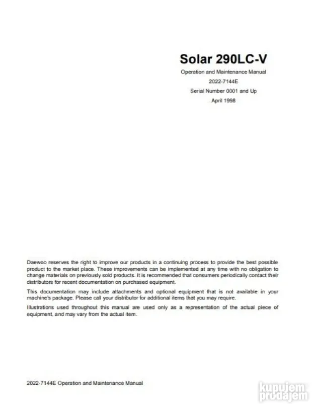 Daewoo Solar 290LC-V Uputstvo - KupujemProdajem