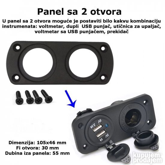 Strujni ugradni panel tabla - dupli USB punjač i voltmetar ...