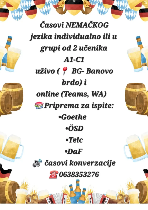 Časovi nemačkog jezika A1-C1 Goethe,Telc,Osd,Daf - KupujemProdajem