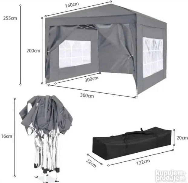 Sklopiva Tenda Paviljon 3x3 met 4 Bočne Strane SIVA sa belim ...