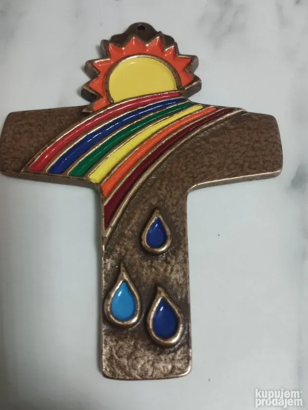 Bronzani krst u emailu-sunce duga i kisa-12x9cm - KupujemProdajem