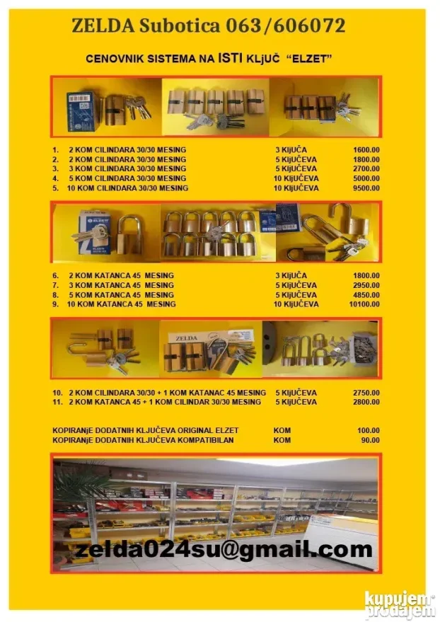 Katanci i Cilindri Elzett na ISTI ključ. Cenovnik sika 2 - KupujemProdajem