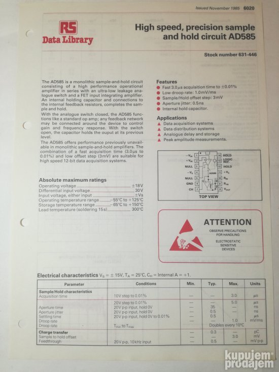 Servisno uputstvo za integralac AD585 iz 1985. god - KupujemProdajem