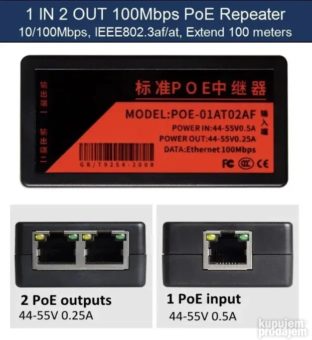 POE SWITCH extender sa 1 na 2 repeater 2 porta prosirivac - KupujemProdajem