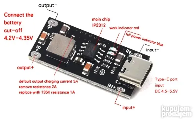 Punjac 3A type C fast charger pcb modul sa IP2312 - KupujemProdajem