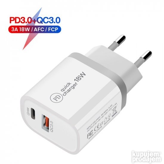 USB-C+USB punjač PD 18W-65W 5V 9V 12V QC3 brzo punjenje usbc - KupujemProdajem