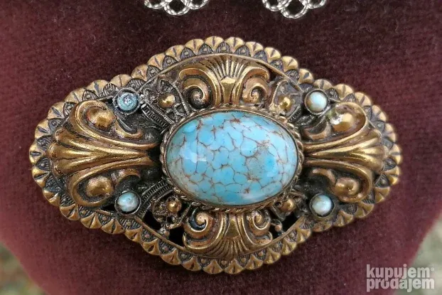 Veliki stari broš pozlaćeni mesing Čehoslovačka tirkiz 1940 - KupujemProdajem