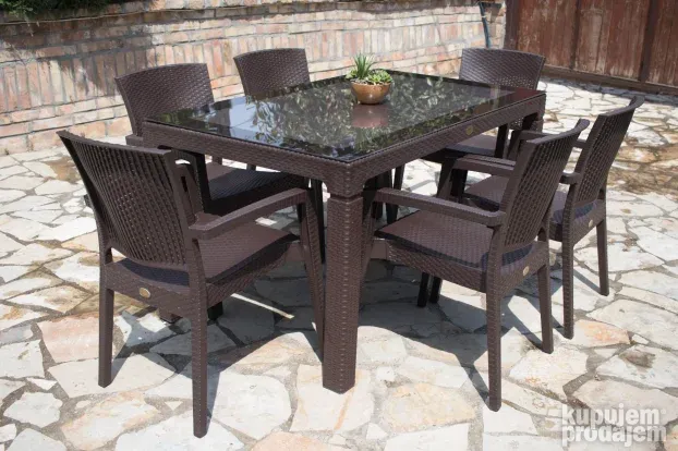 Bastenski set ZEUGMA 6 stolice i sto 150x90 sa staklom Braon ...