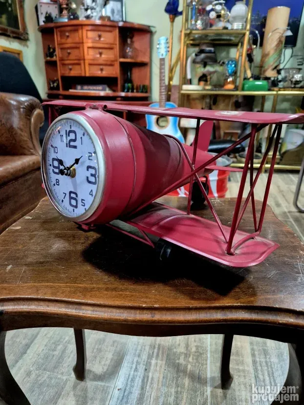 Stari metalni avion sat, dvokrilac, 37 cm - KupujemProdajem