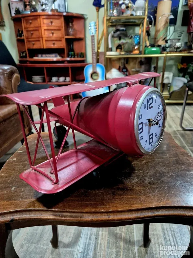 Stari metalni avion sat, dvokrilac, 37 cm - KupujemProdajem