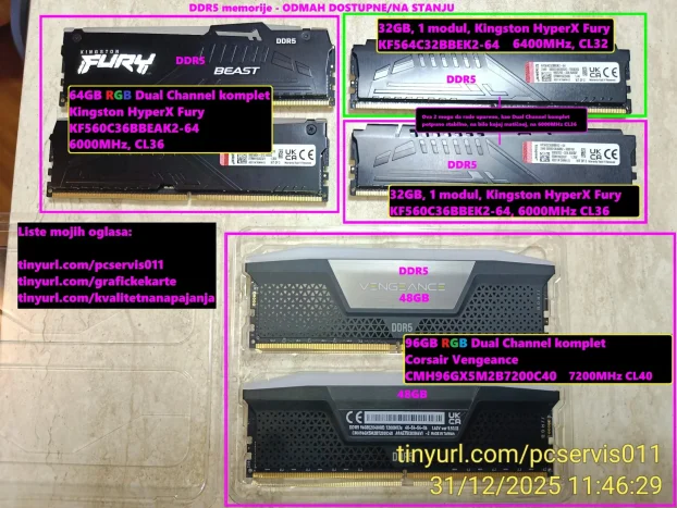 Nove DDR4 i DDR5 RAM memorije 16GB, 32GB, 64GB, 96GB, 128GB ...