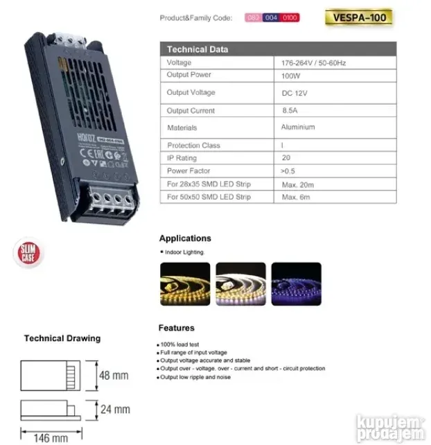 Napajanje-trafo za LED traku 8.5A 100W 12V Vespa-100 - KupujemProdajem