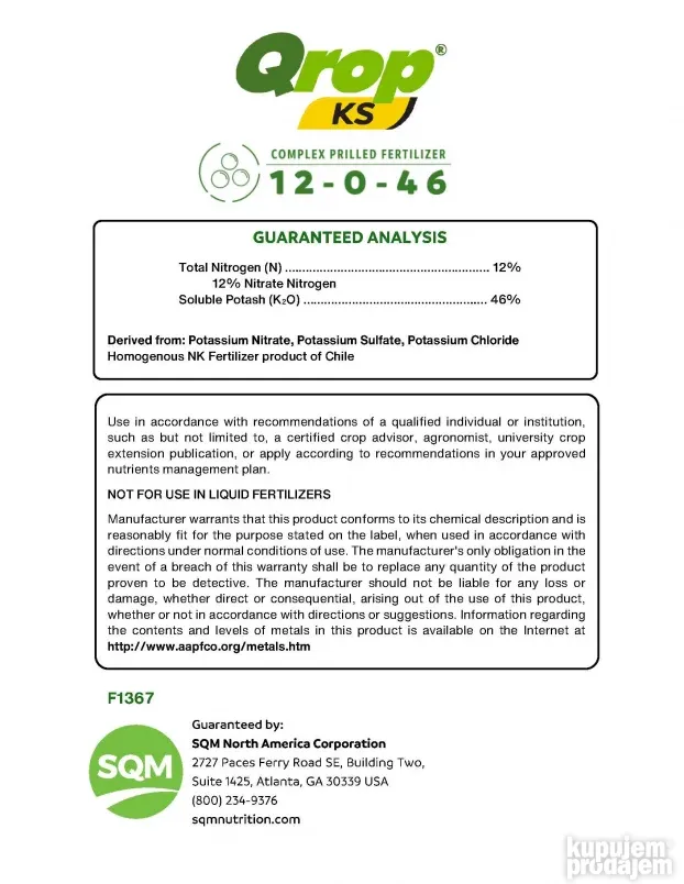 SQM Qrop Complex Granular K Plus 12-0-46 1200kg SQM - KupujemProdajem