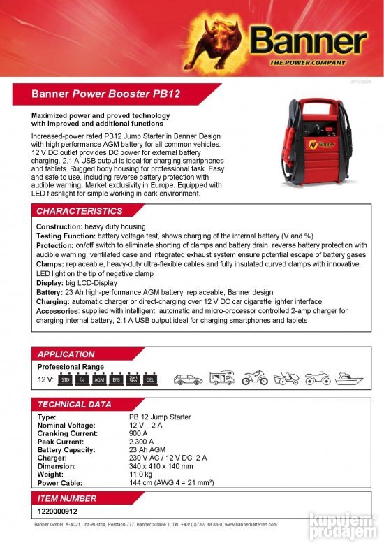 Starter Booster Banner PB12 Profesionalni 12V 2300A za Auto ...