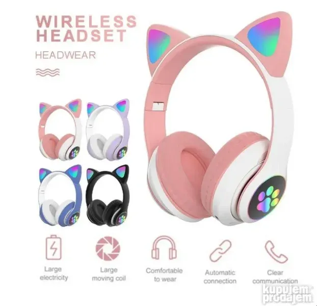 Bezicne slusalice CAT STN-28/Decije slusalice Macje Usi ROZE ...