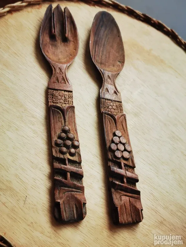 Antik Staro Drveno Posudje Kasika i Viljuska 26 cm - KupujemProdajem